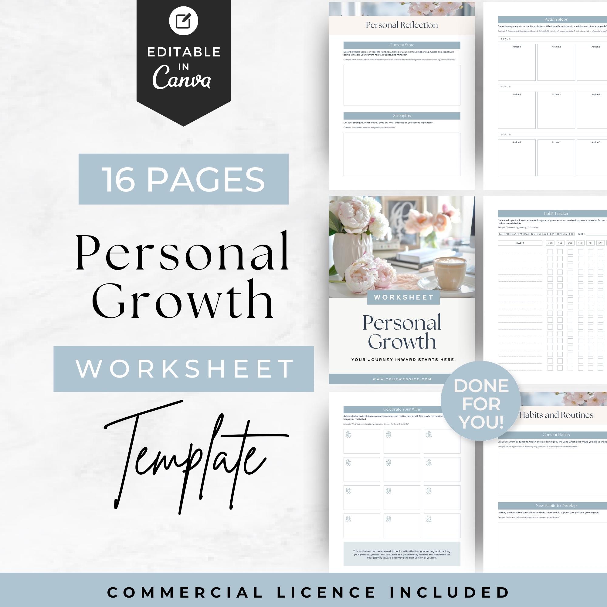 Personal Growth Worksheet Template, Self-help for Mental Health ...