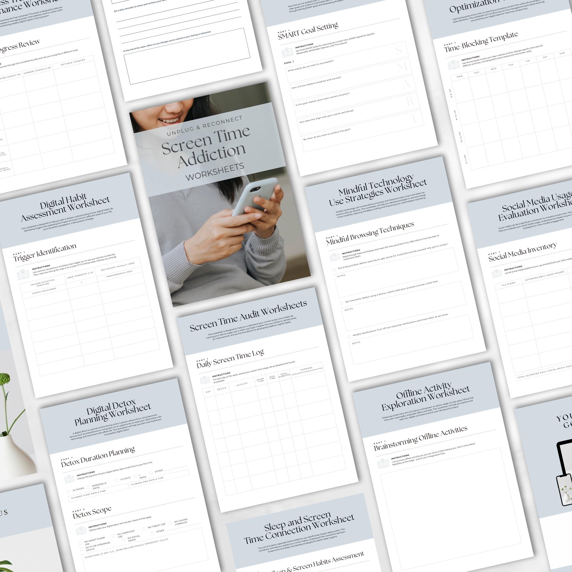 Screen Time Addiction Worksheets, Digital Dopamine Detox Workbook, CBT ...