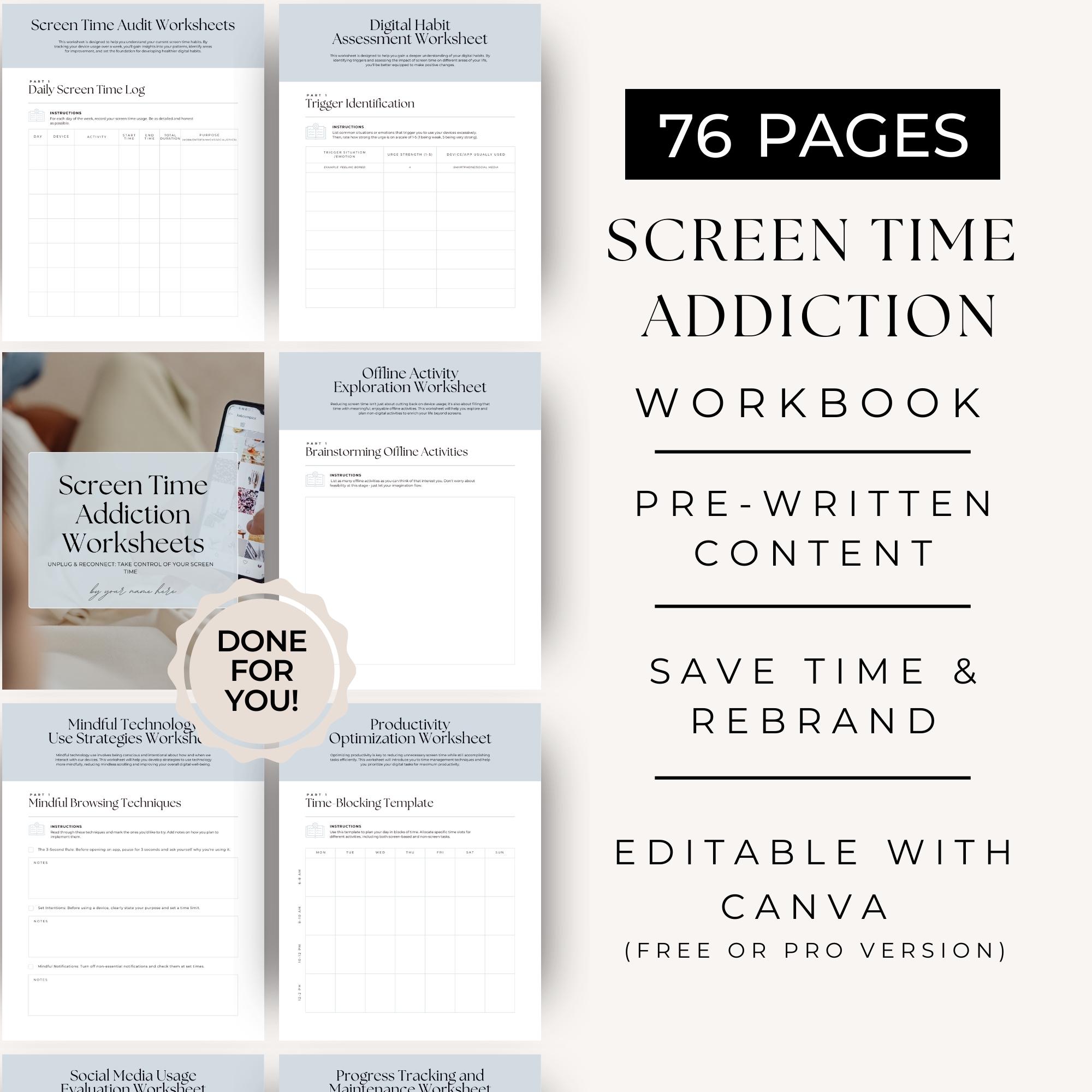 Screen Time Addiction Worksheets, Digital Dopamine Detox Workbook, CBT ...