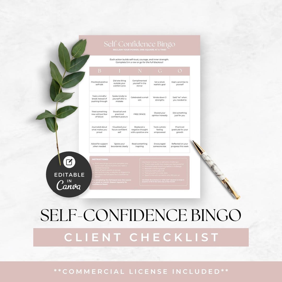 Self Confidence Bingo Template, Life Coach Client Handout, Personal ...