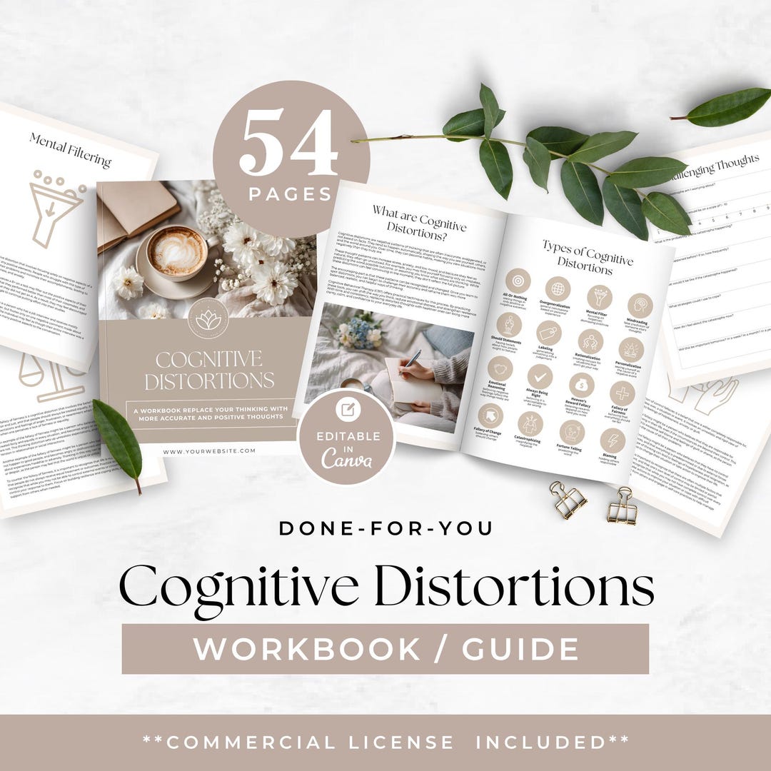Cognitive Distortions Guide and Workbook Template, CBT Mental Health ...