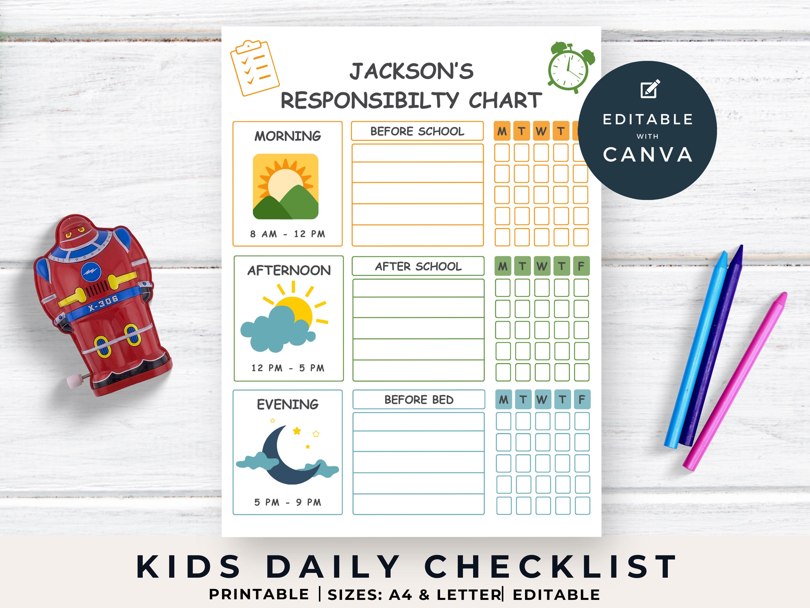 Kids Daily Responsibility Chart Editable, Kids Responsibility List ...