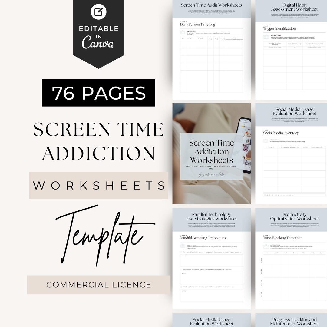 Screen Time Addiction Worksheets, Digital Dopamine Detox Workbook, CBT ...