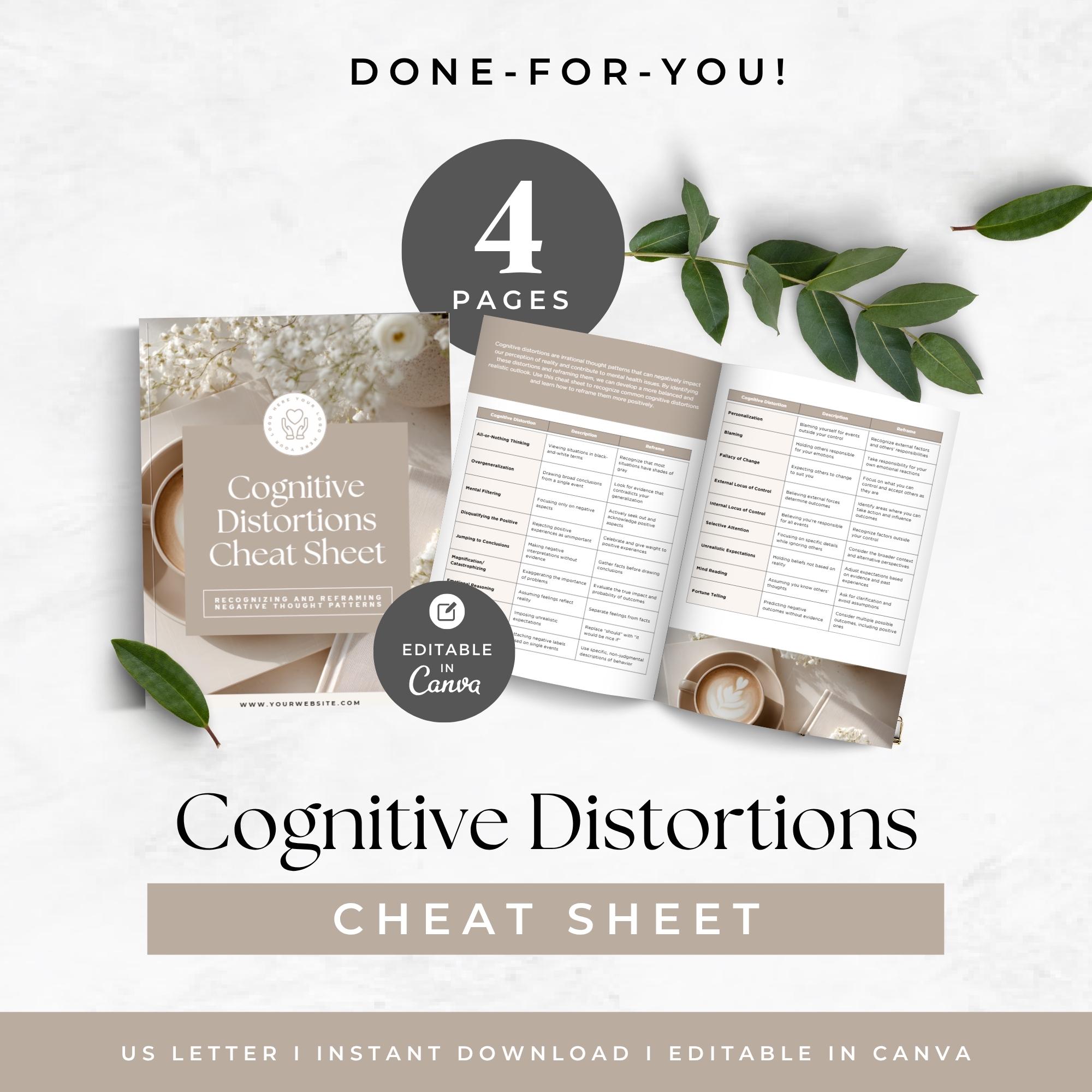 Cognitive Distortions Cheat Sheet Template, CBT Mental Health Client ...