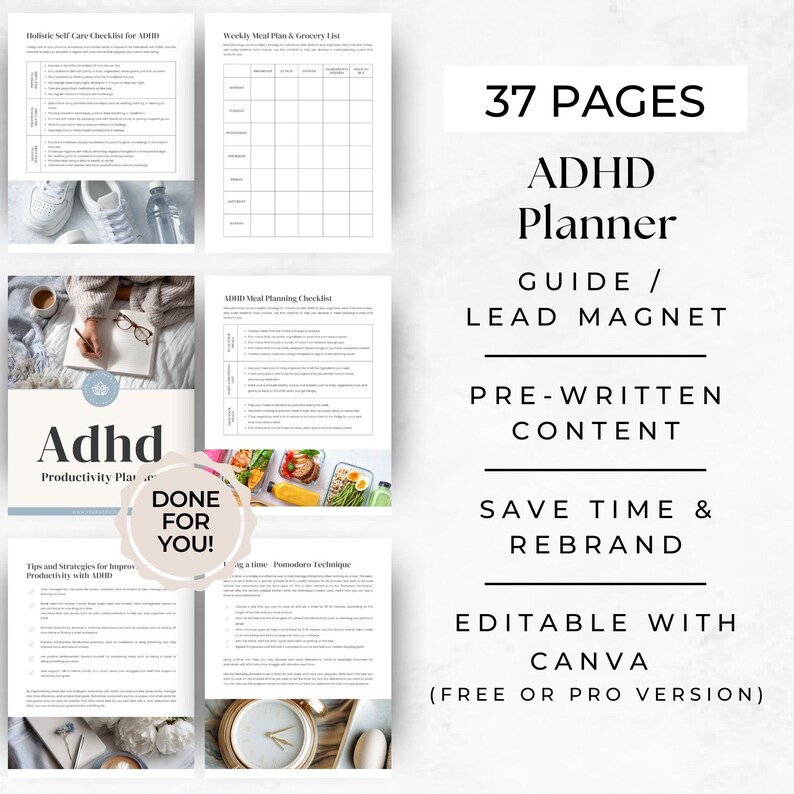 ADHD Planner Template, Productivity & Time Management Guide, Life Coach ...