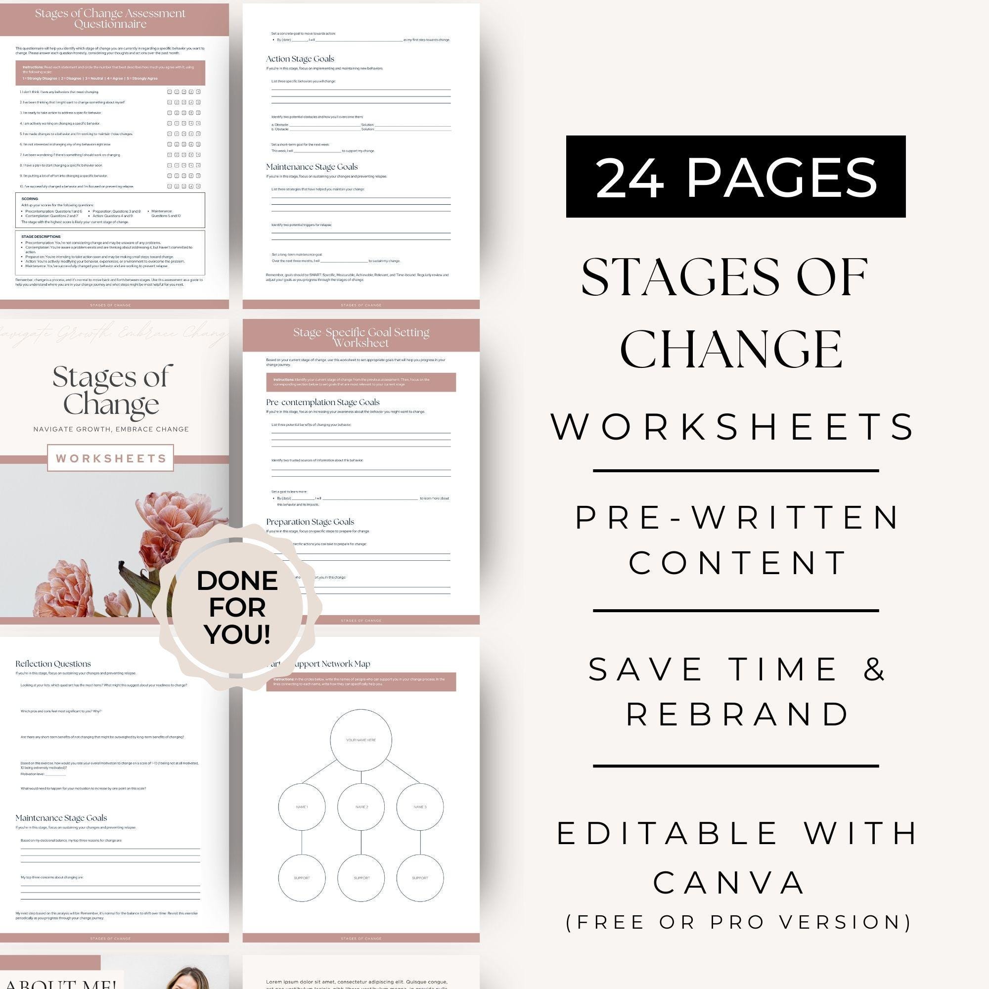 Stages of Change Worksheets, Behavioral Change Workbook, Life Coach ...