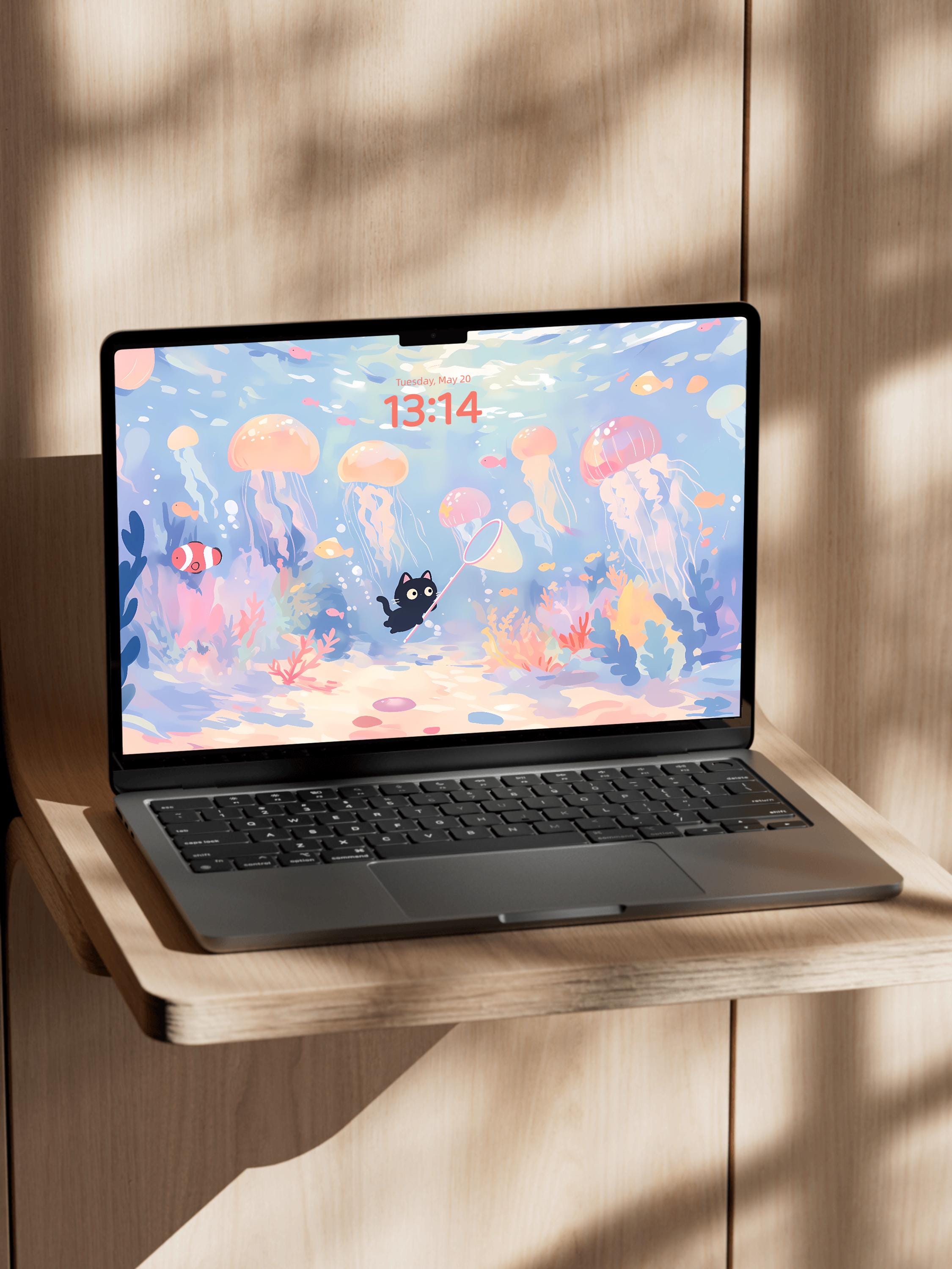Cute Black Cat Underwater Mac & PC Wallpaper Set | Jellyfish Ocean ...