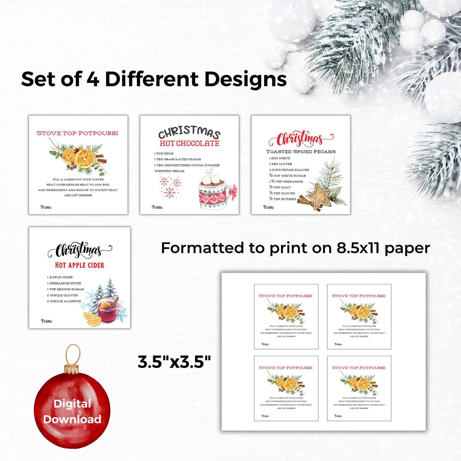 Christmas Recipe Gift Tag Bundle, Printable Recipe Cards, Set of 4 - Etsy