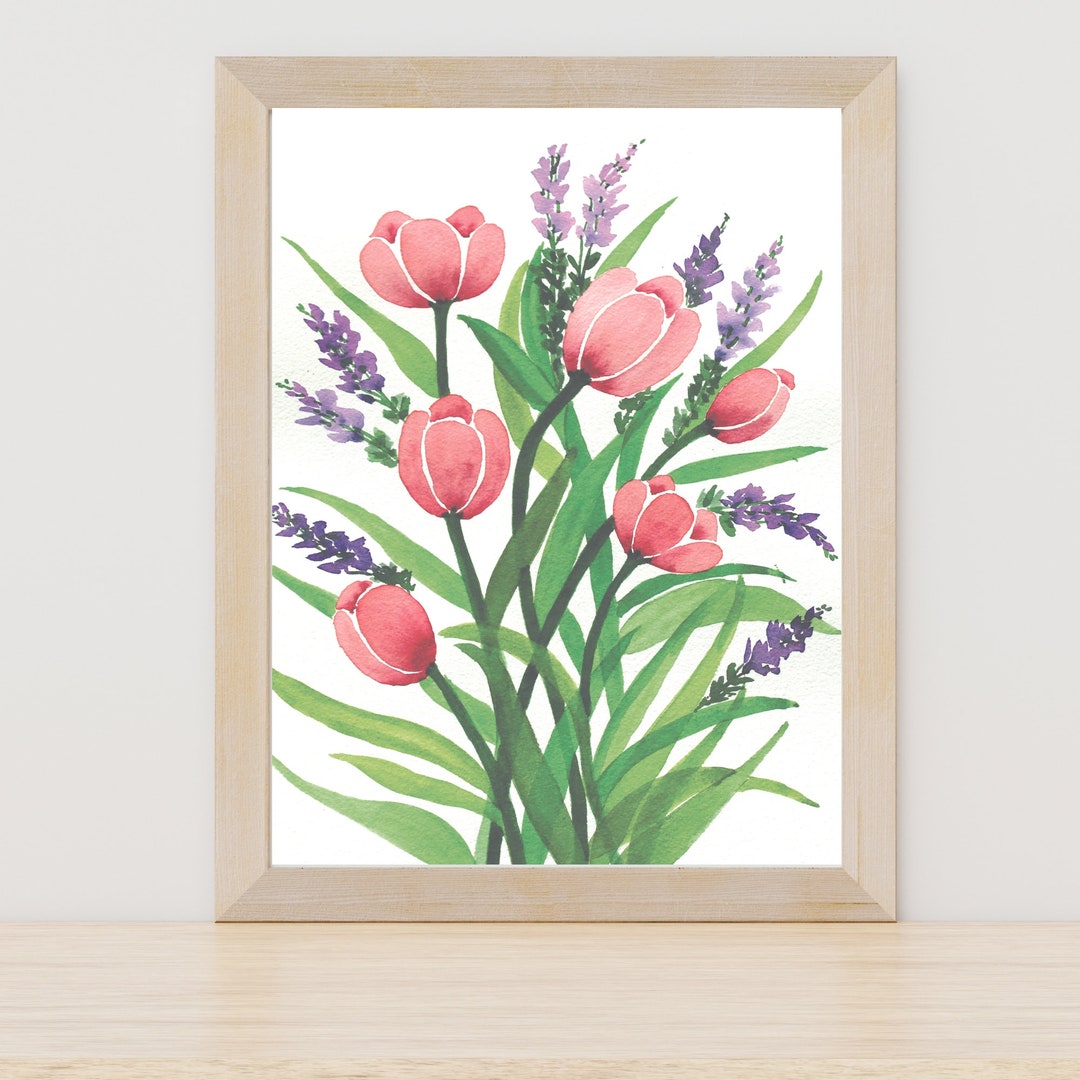 Watercolor Pink Tulips and Lavender Art Print: Vintage Floral Poster - Etsy