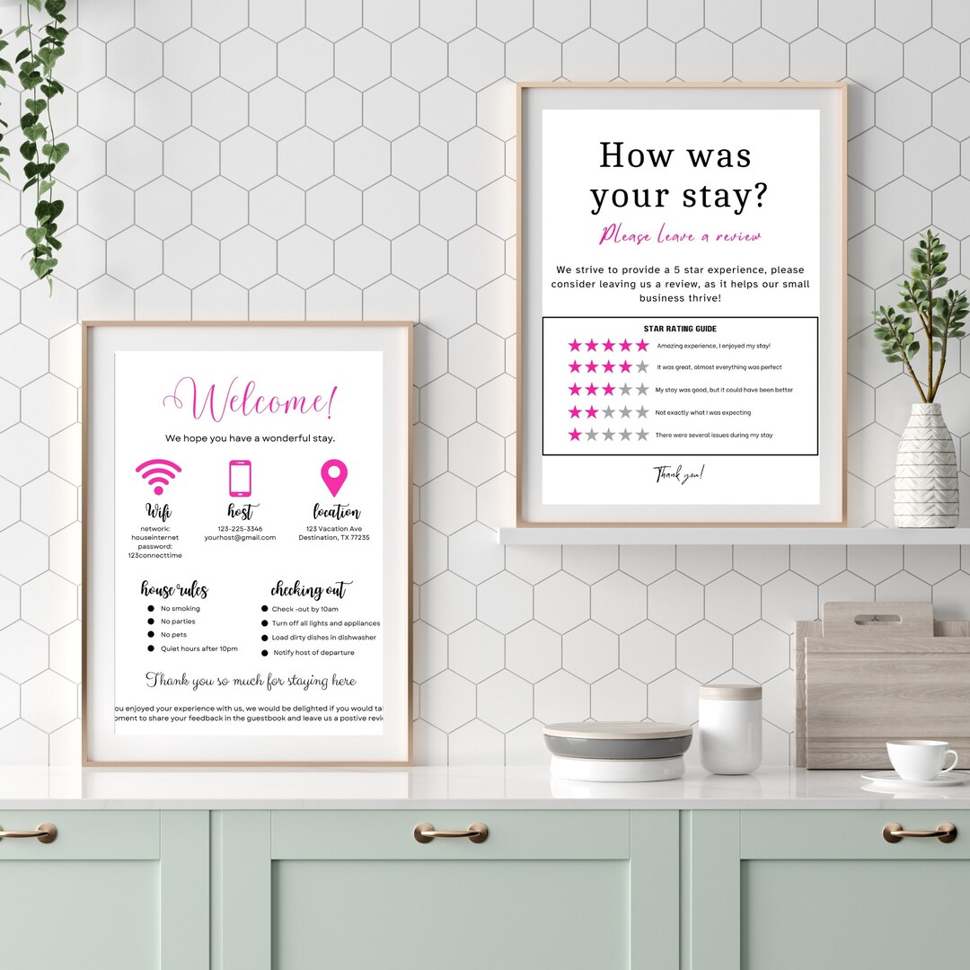 Pink Airbnb Welcome Sign and Review Sign Bundle, Wifi Sign, Canva ...