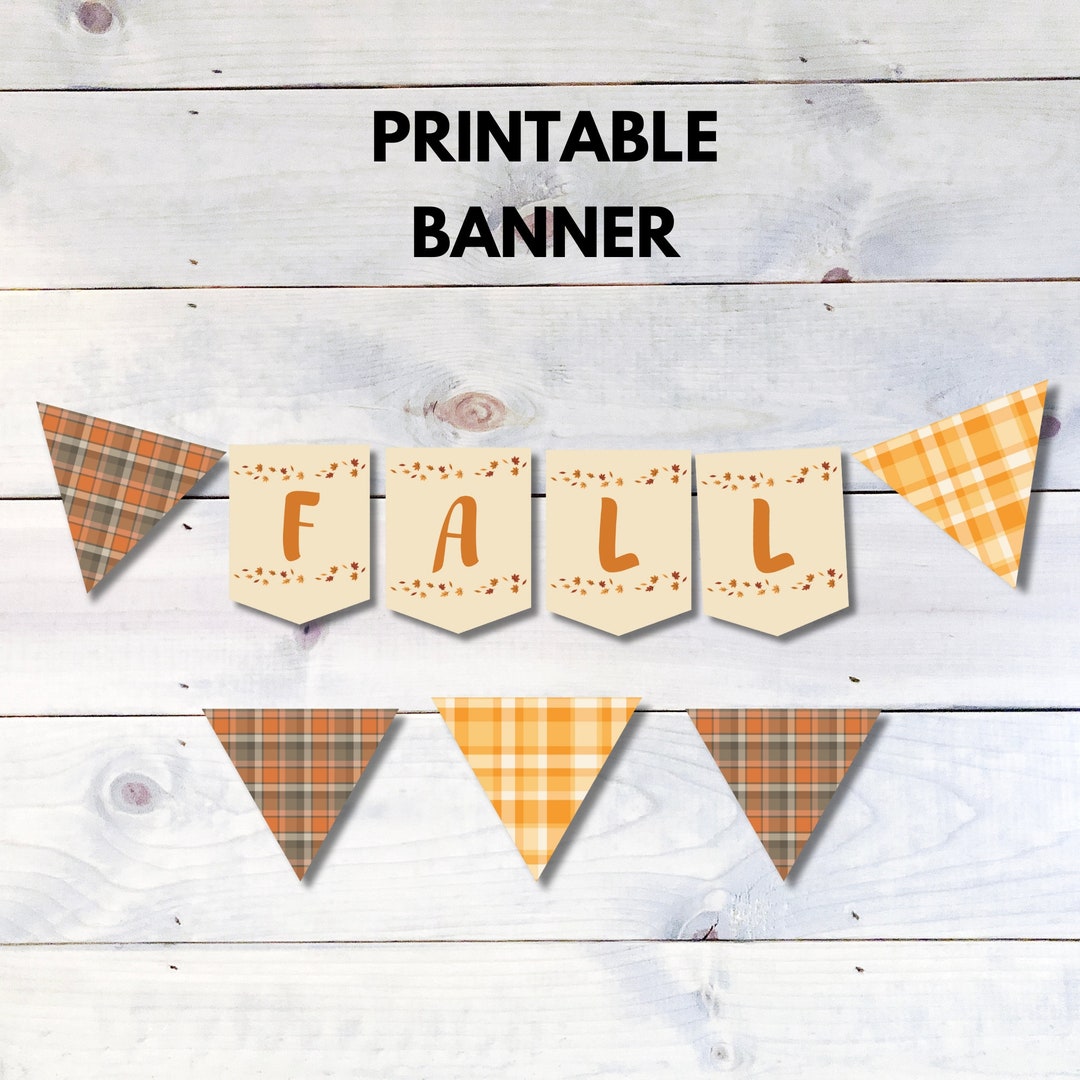 Fall Leaves Printable Banner, Orange and Plaid Autumn Decor ...