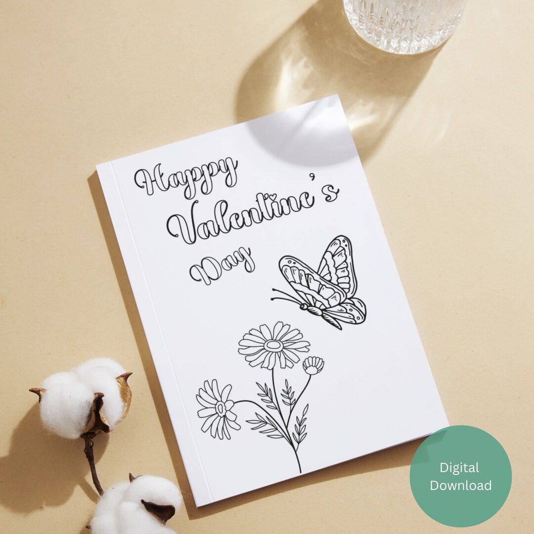Valentine’s Day Printable Butterfly With Flowers Card, Kids Valentines ...