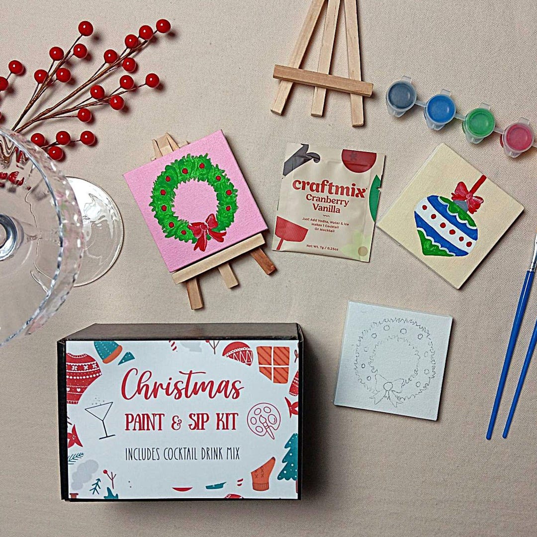 Christmas Painting Party Kit, Canvas, Easel, Acrylic Paint, Cocktail ...
