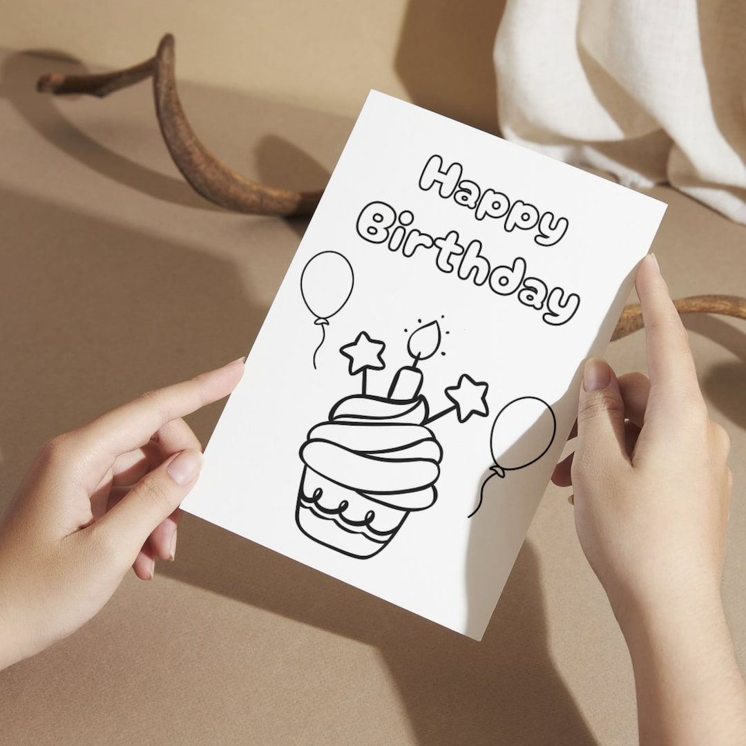 Color Your Own Birthday Card, Cupcake and Balloons Printable Card ...