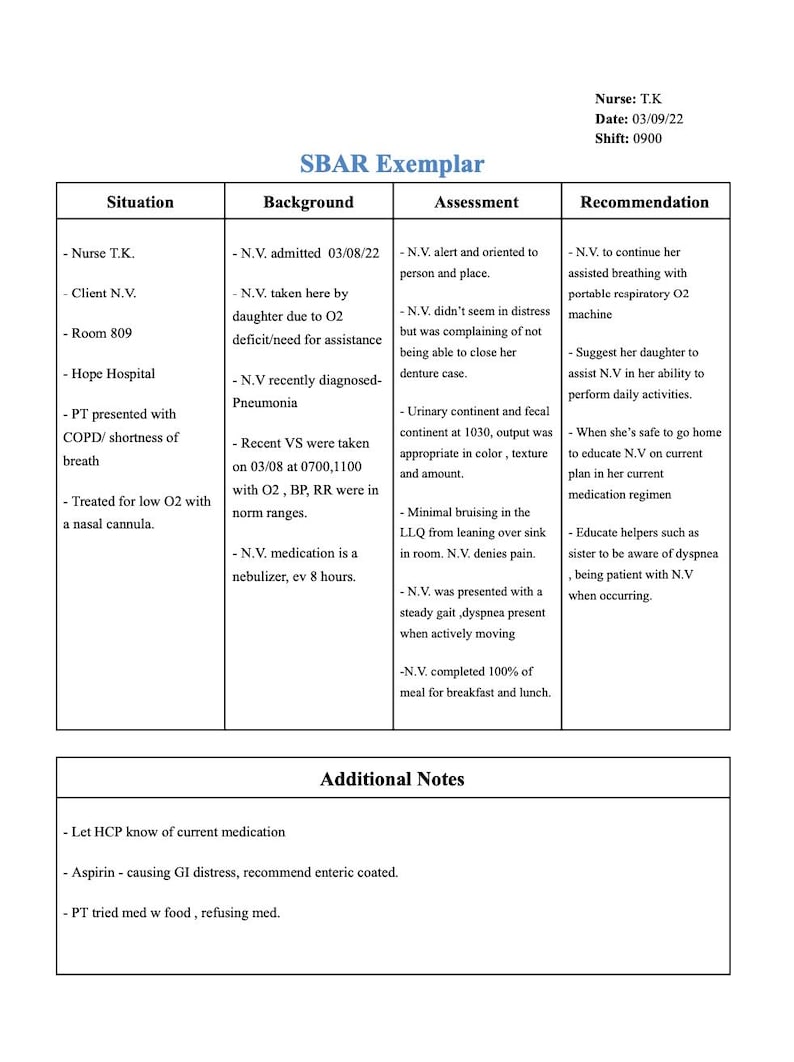 Nursing SBAR Template for Nurses, Shift Handover Sheet, Patient Care ...