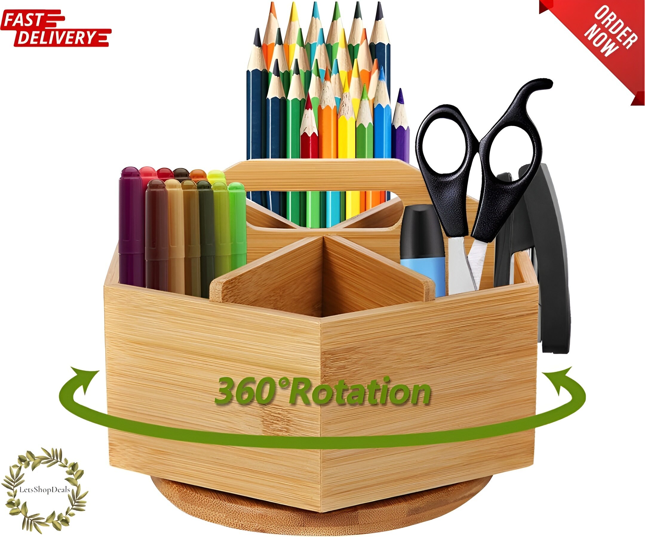 Bamboo Rotating Art Supply Desk Organizer,pencil Holder Organizer ...