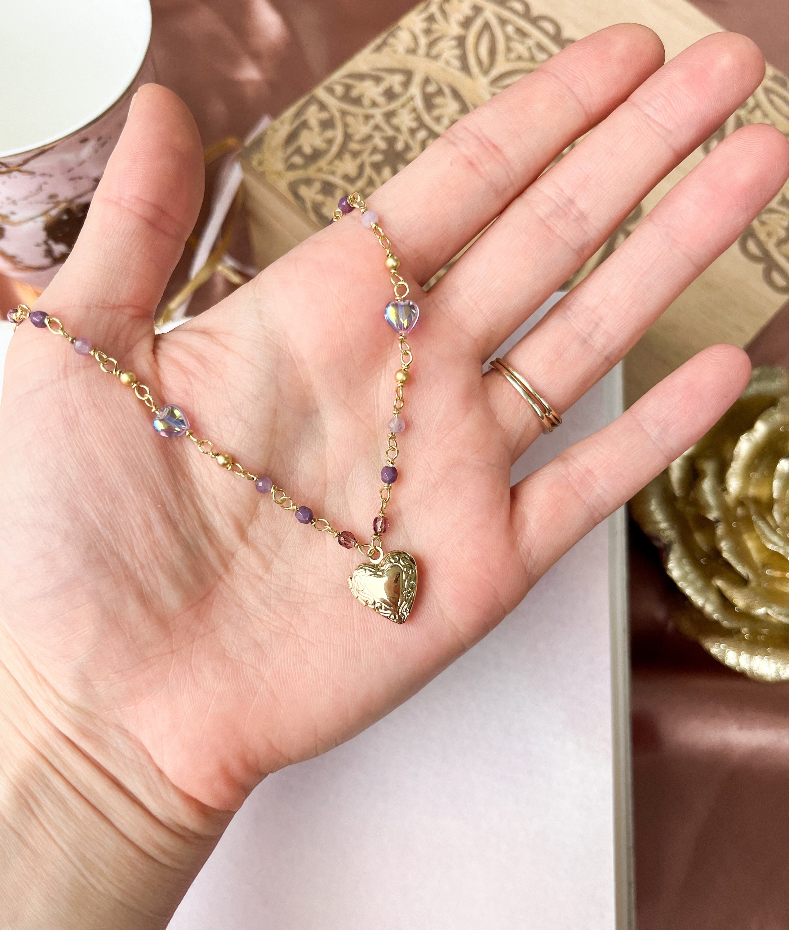 Purple Heart Locket Necklace - Delicate Gold Plated Choker ...