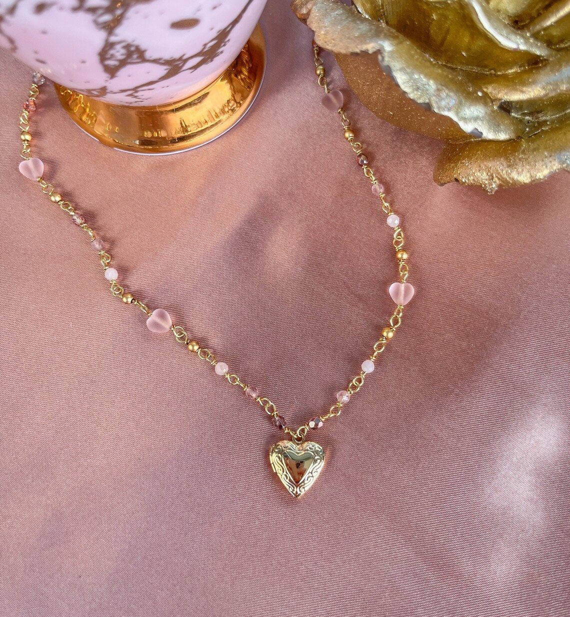 Pink Heart Locket Necklace - Delicate Gold Plated Choker - Romancecore ...