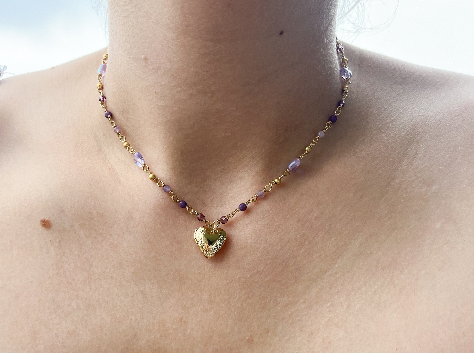 Purple Heart Locket Necklace - Delicate Gold Plated Choker ...