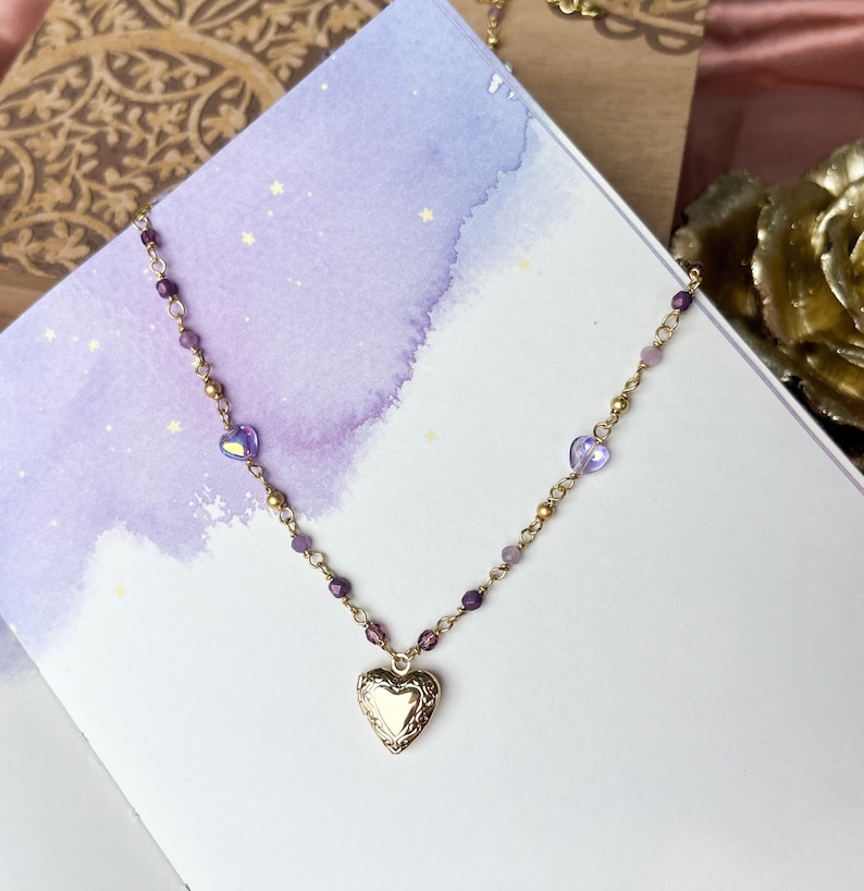 Purple Heart Locket Necklace - Delicate Gold Plated Choker ...