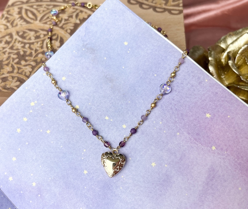 Purple Heart Locket Necklace - Delicate Gold Plated Choker ...