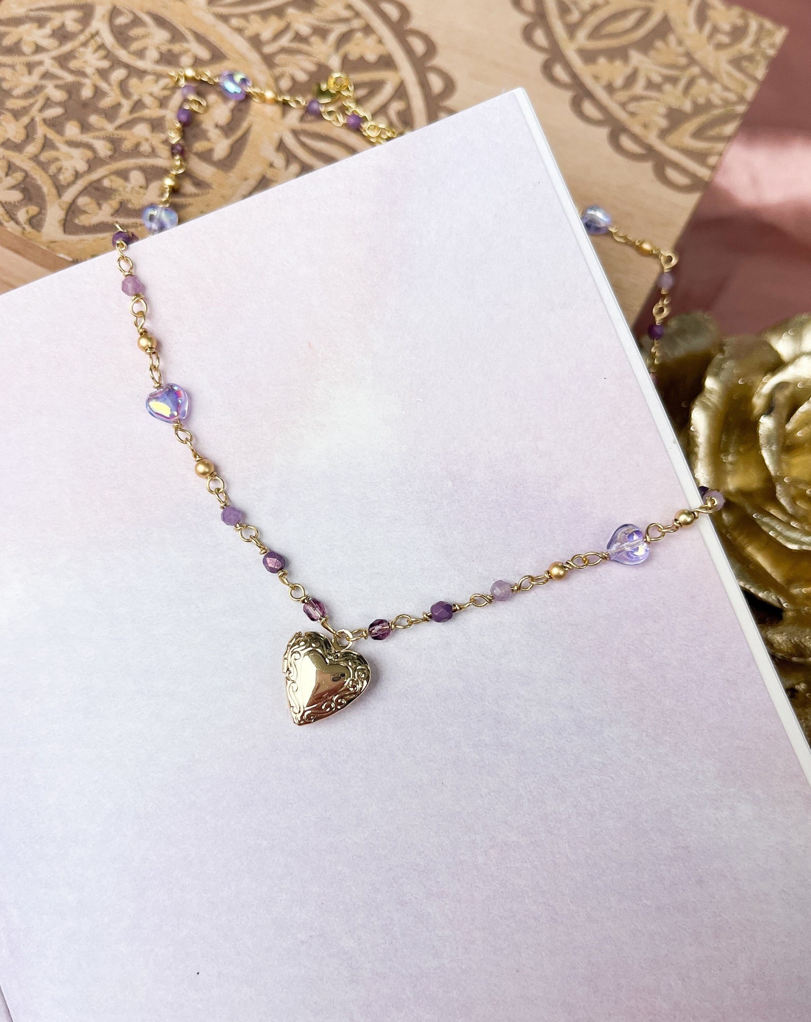 Purple Heart Locket Necklace - Delicate Gold Plated Choker ...