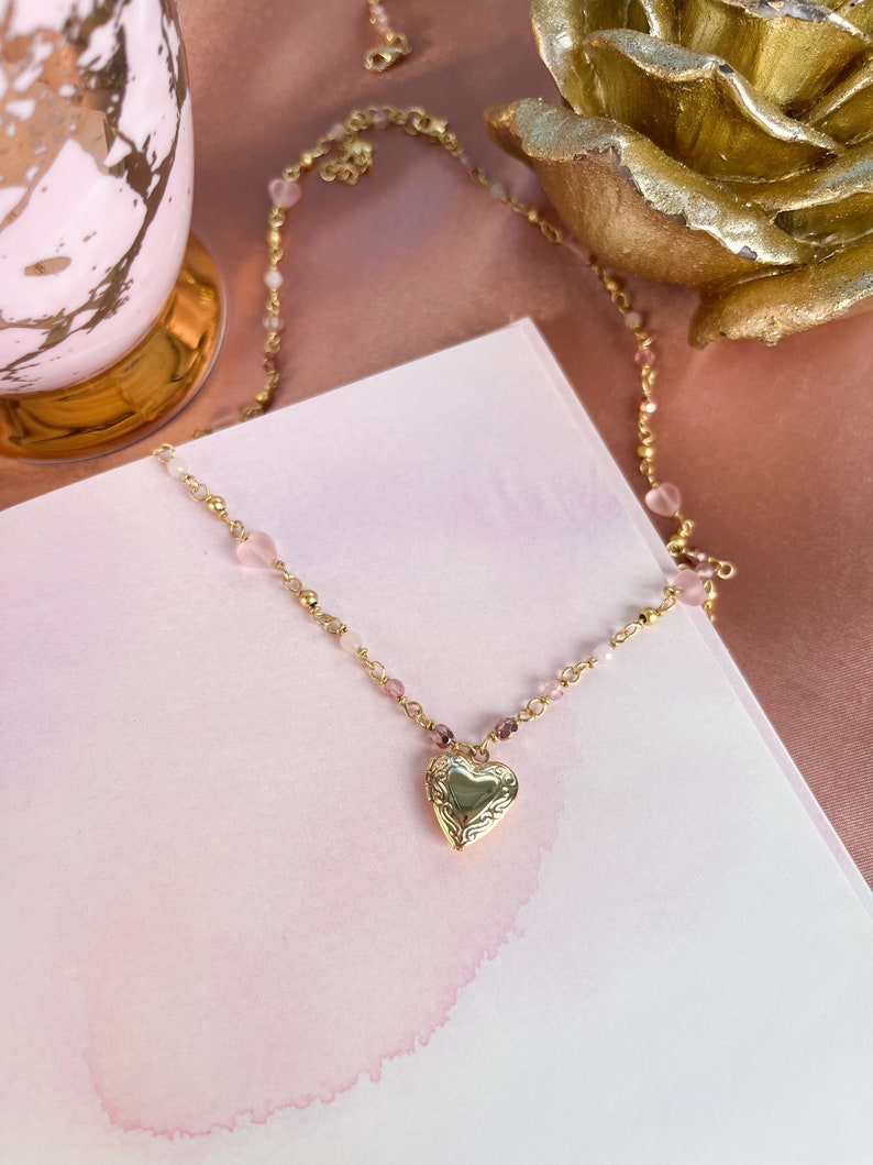 Pink Heart Locket Necklace - Delicate Gold Plated Choker - Romancecore ...
