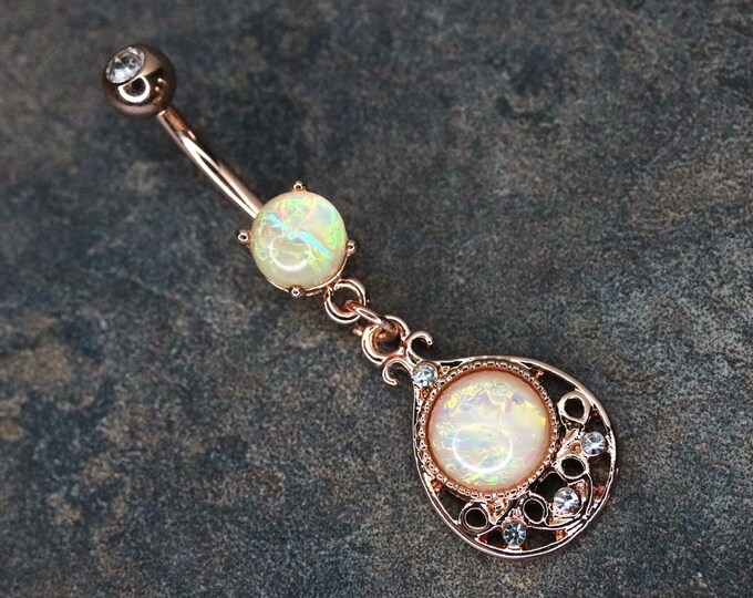 Opal Centered Rose Gold Filigree Tear Drop Dangle Belly Button Navel Ring, 14G Rose Gold ...