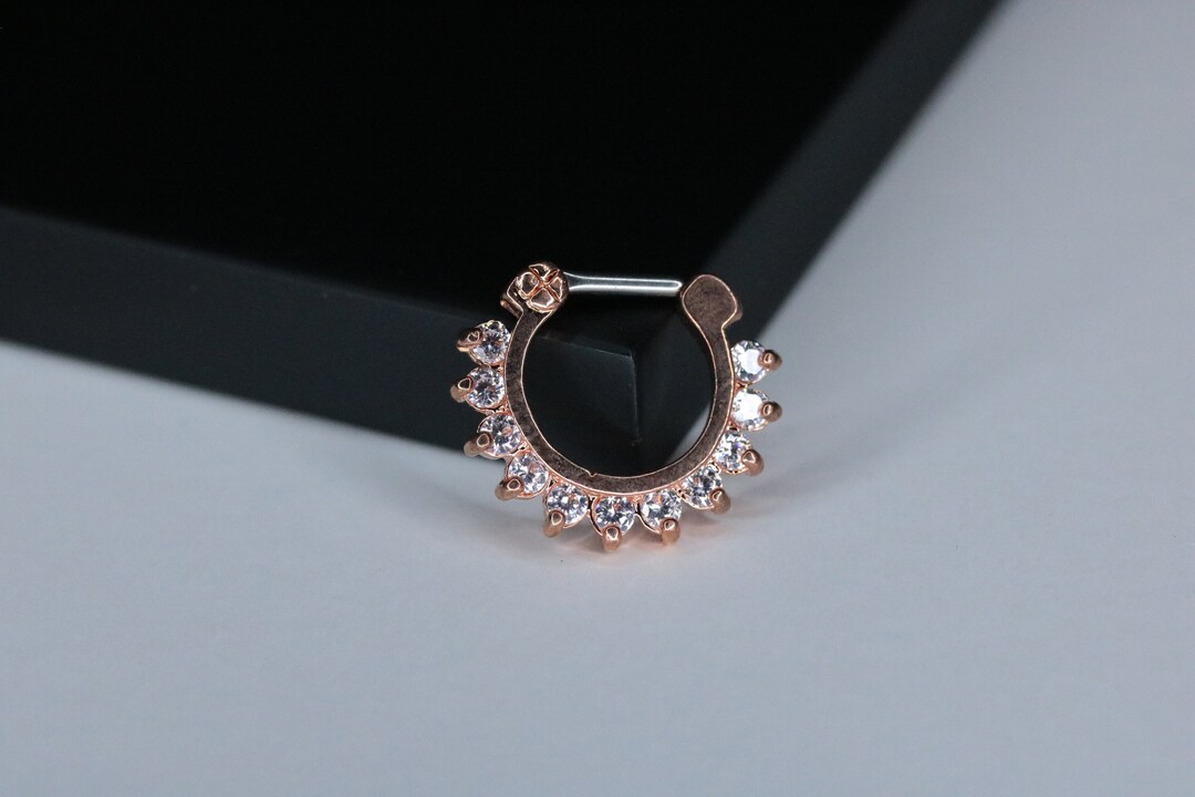 CZ Paved Septum Ring, Rose Gold Septum Clicker Hoop, Clear Crystal Clicker Septum Jewelry, CZ ...