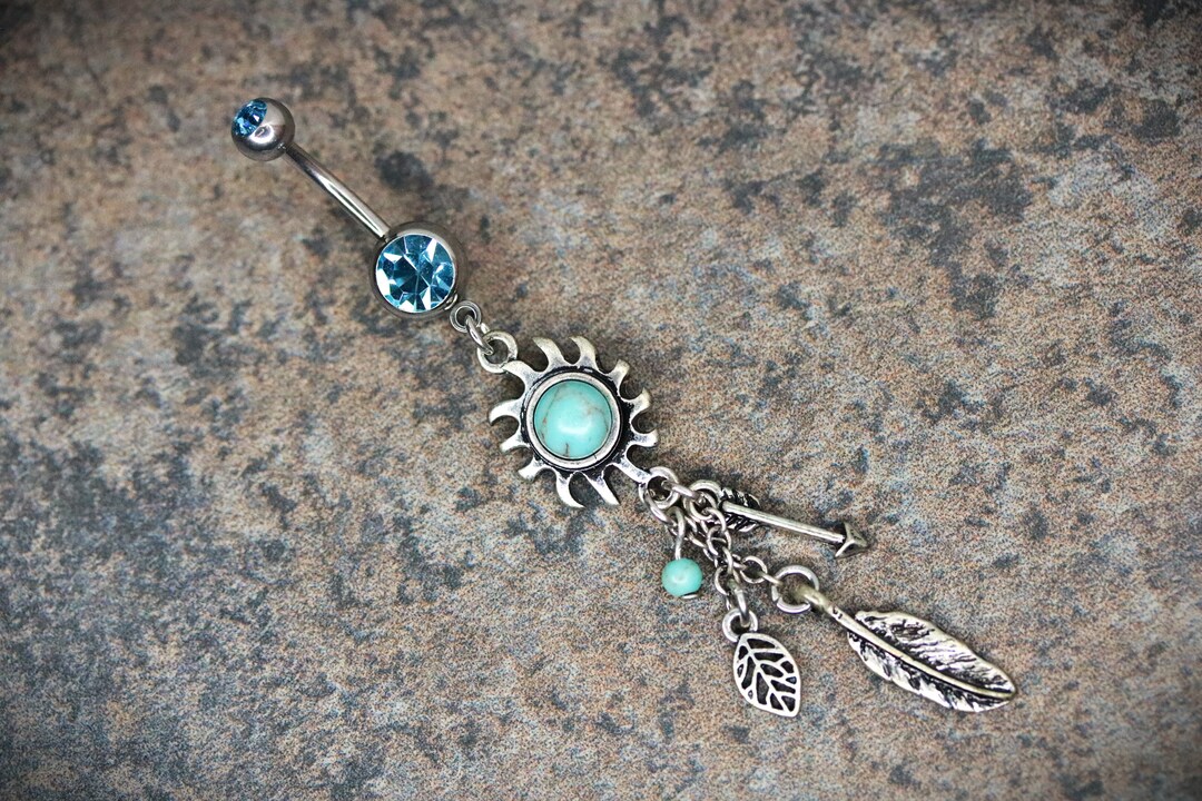 Turquoise Center Dangle Belly Button Ring, 14G Silver Feather Drop ...