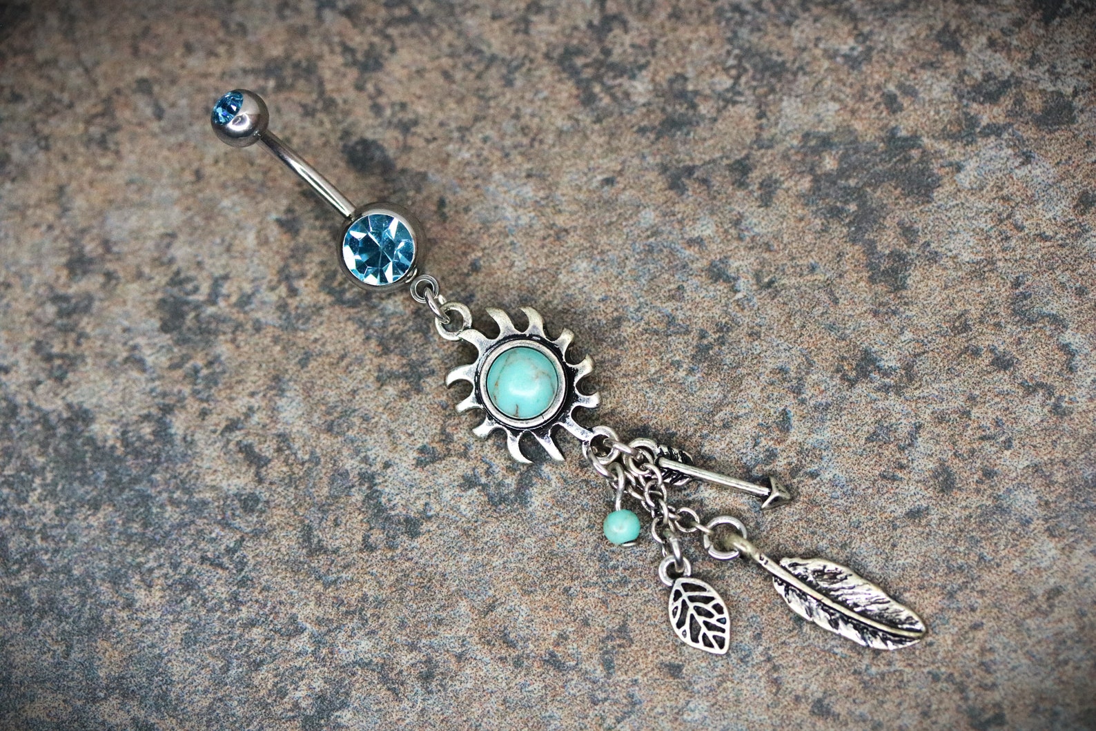Turquoise Center Dangle Belly Button Ring, 14G Silver Feather Drop ...