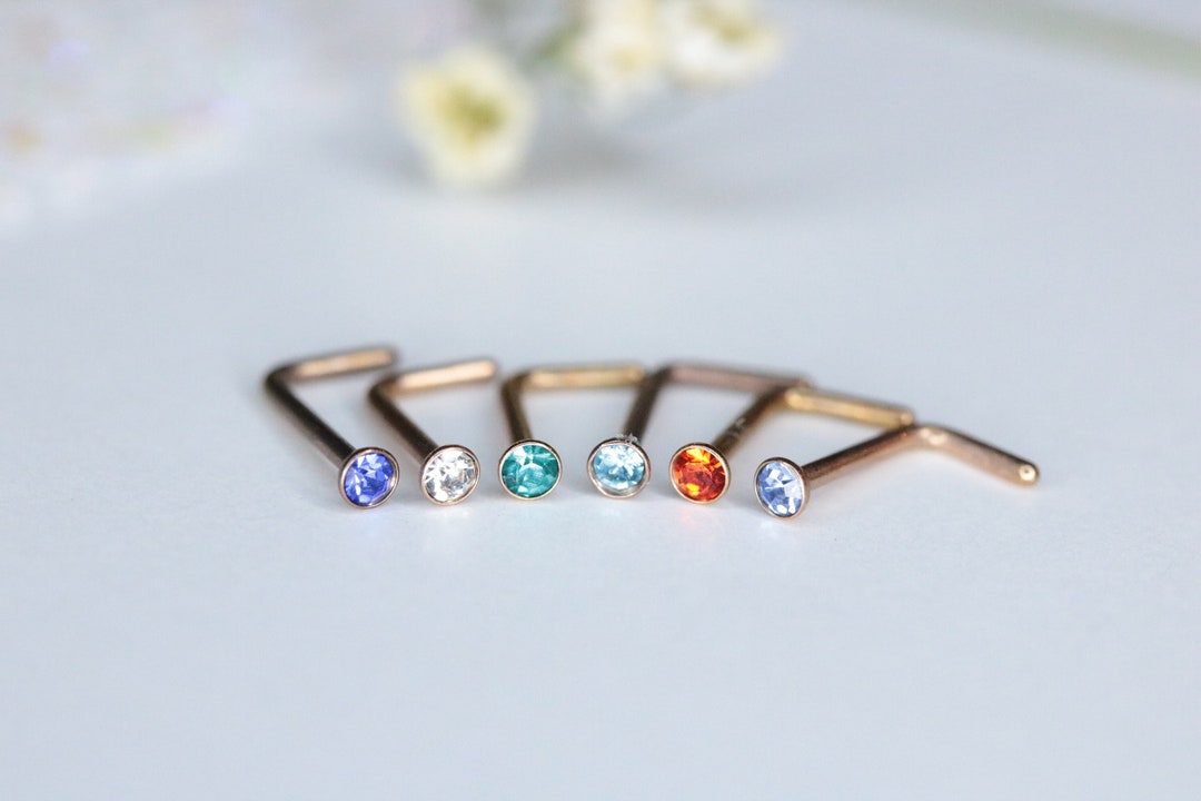 Rose Gold Plated 2mm Crystal L Shape Nose Stud Nose Ring Crystal Nose ...