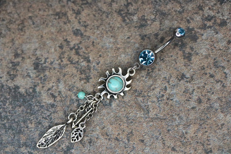 Turquoise Center Dangle Belly Button Ring, 14G Silver Feather Drop ...