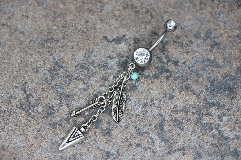 Turquoise Beaded Dangle Belly Button Ring, 14G Silver Feather Drop ...
