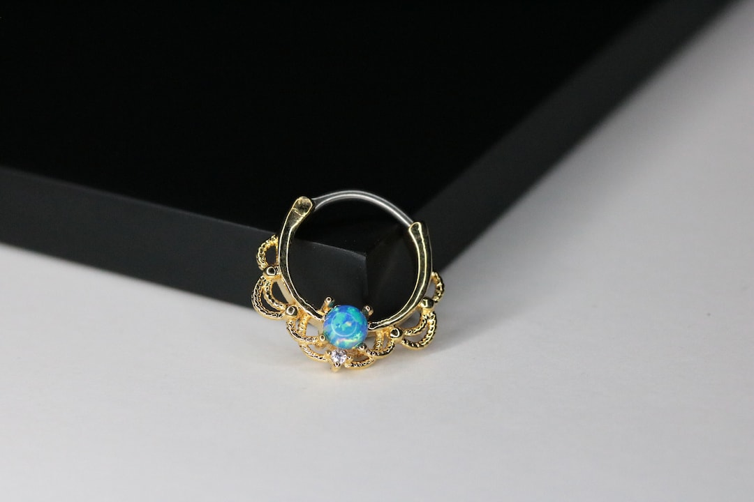 Fire Blue Single Opal Septum Ring, Gold Lacey Septum Jewelry, Blue Opal ...