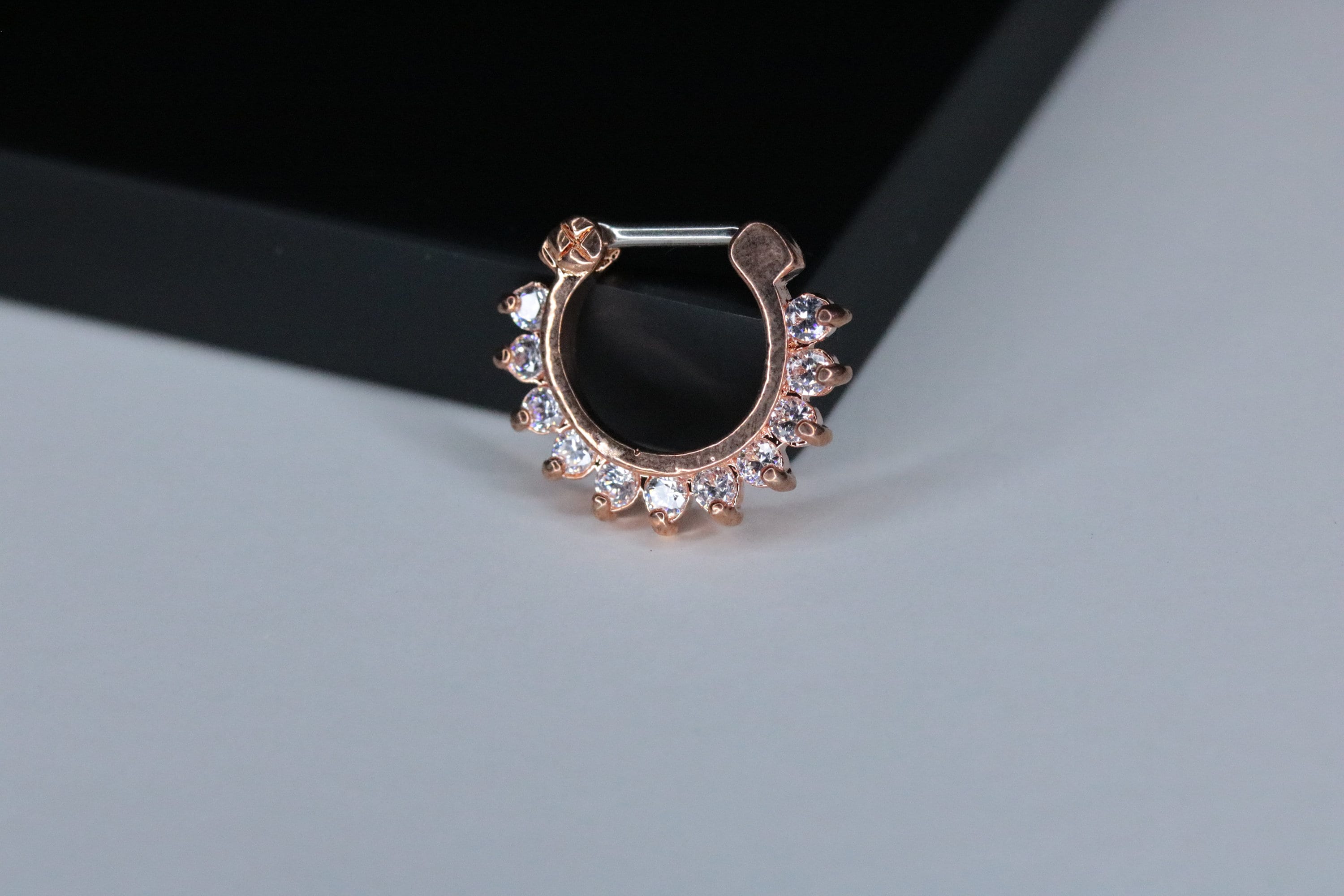 CZ Paved Septum Ring, Rose Gold Septum Clicker Hoop, Clear Crystal Clicker Septum Jewelry, CZ ...