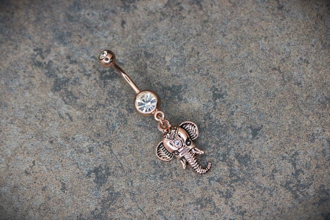 14G Rose Gold Elephant Belly Button Ring, Antique Elephant Navel Ring ...