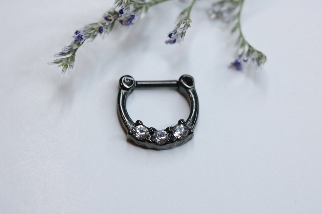 Black 3 Crystal Septum Rings, 316L Surgical Steel Septum Hoop, Black ...