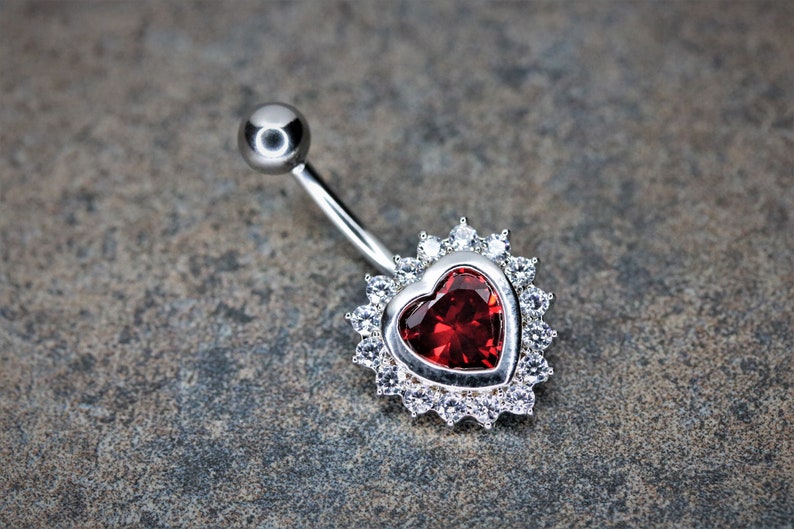 Red Crystal Heart Navel Ring, Silver Heart Belly Button Ring, 14G Red ...
