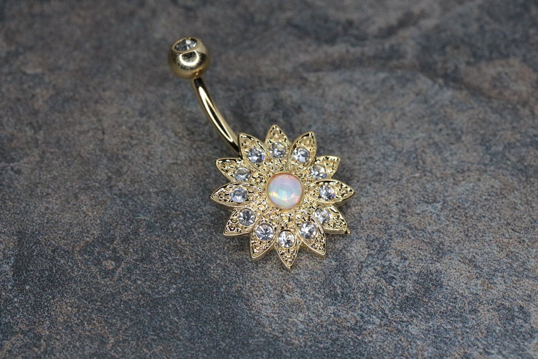 Gold Paved Crystal Flower Opal Center Flower Navel Ring Crystal Paved