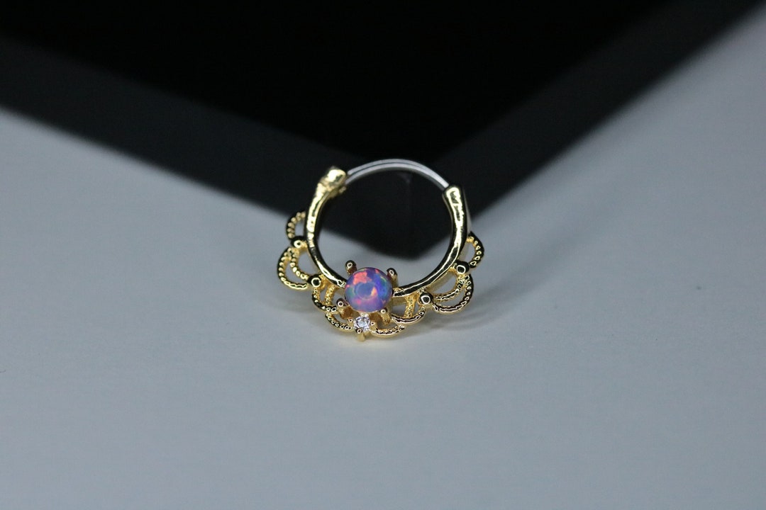 Purple Single Opal Septum Ring, Gold Lacey Septum Jewelry, Opal ...