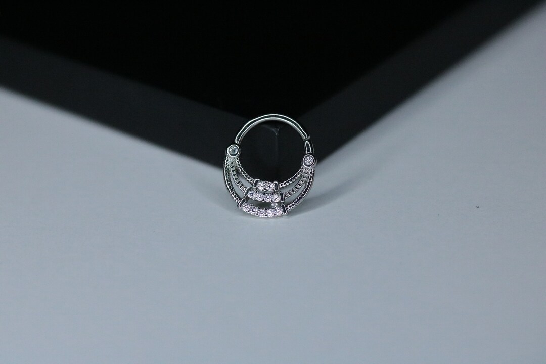 16G Triple Layer Crystal Septum Ring, Silver Bendable Septum Hoop ...