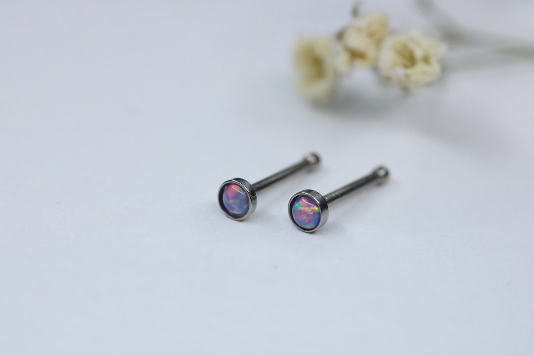 2mm Purple Opal Nose Pin, 20G Opal Nose Stud, Purple Opal Nose Rings, Opal Nose Pin, Tiny Opal ...