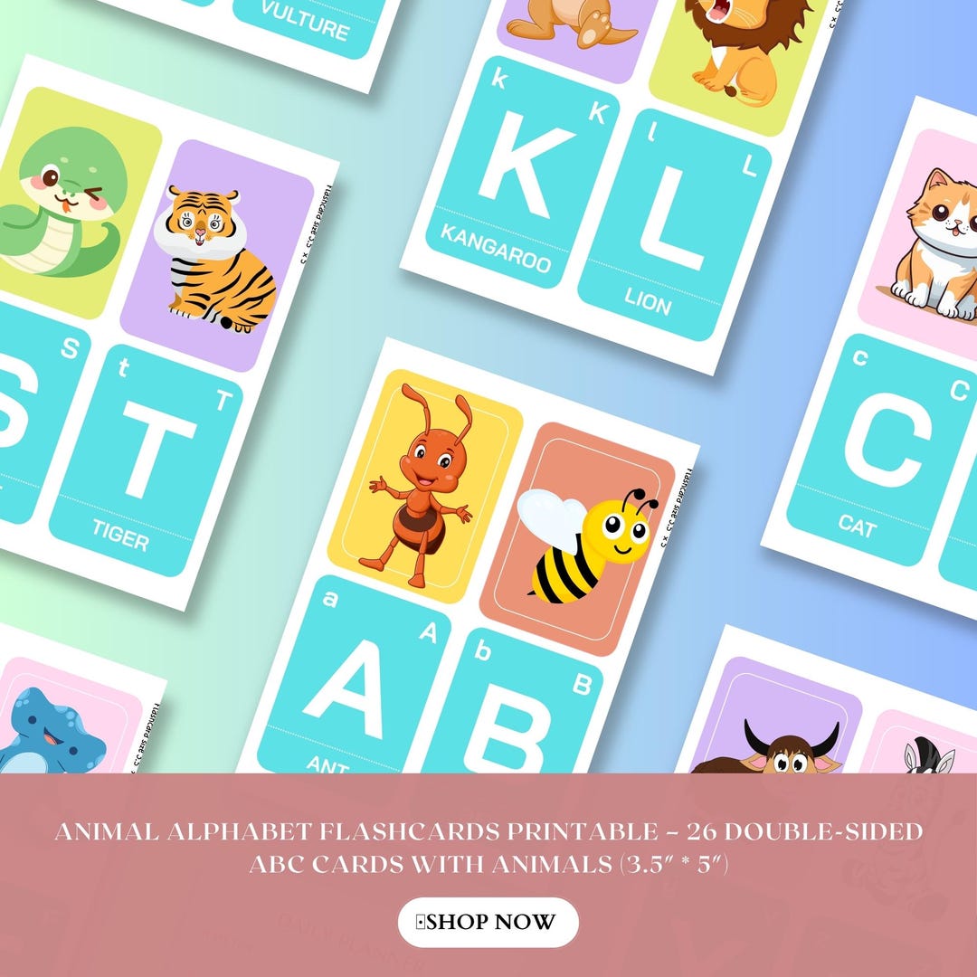 Animal Alphabet Flashcards Printable – 26 Double-sided ABC Cards (3.5 ...