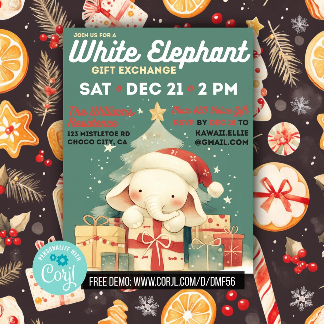 Editable White Elephant Gift Exchange Flyer Invite Printable Template ...