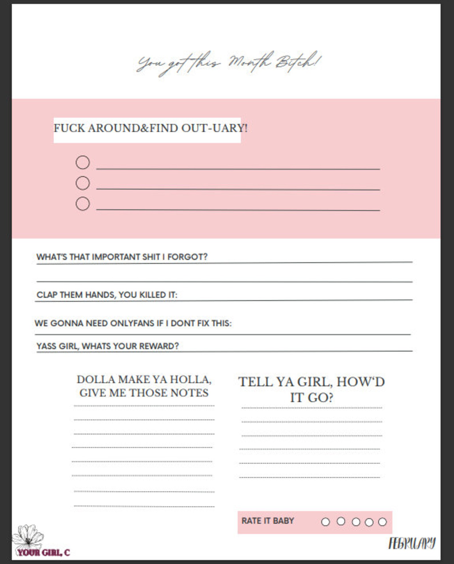 Bad Bitch Monthly Planner Set, Printable Funny Planner, Naughty and ...