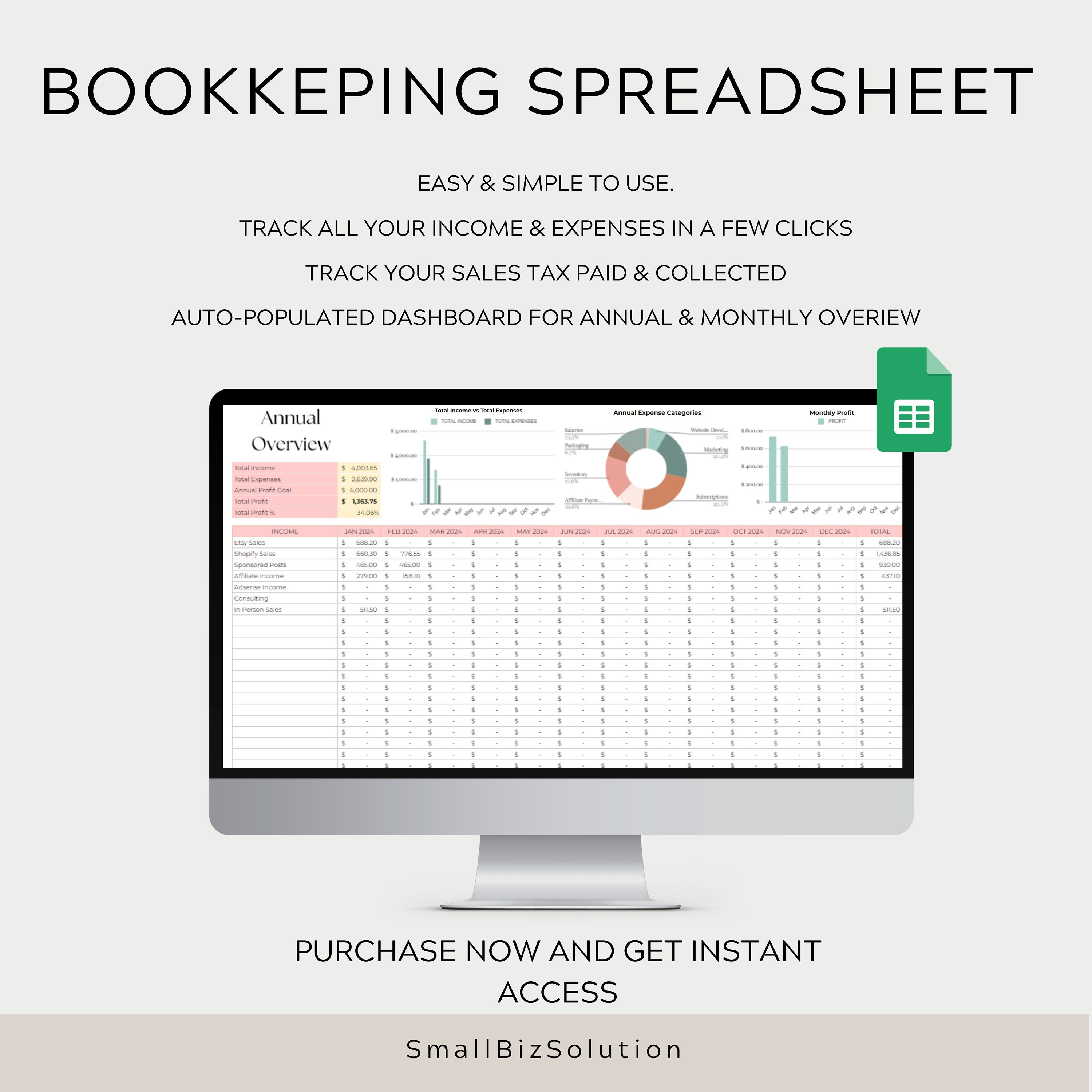 Small Business Bookkeeping Spreadsheet Template, Business Spreadsheet ...