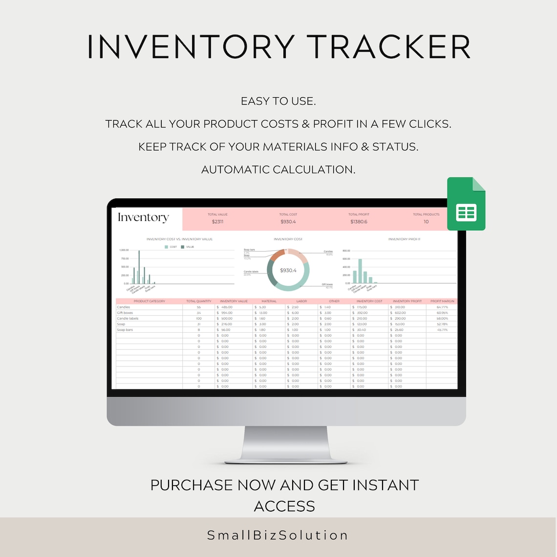 Small Business Inventory Spreadsheet, Inventory Tracker, Product ...