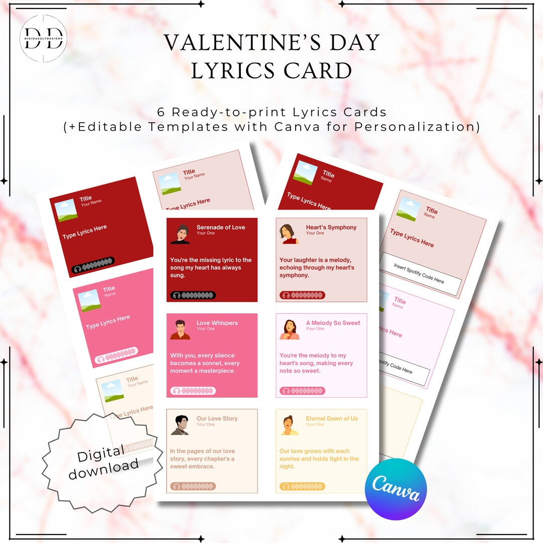 Valentine's Day Love Lyrics Cards, Printable Valentine's Cards ...