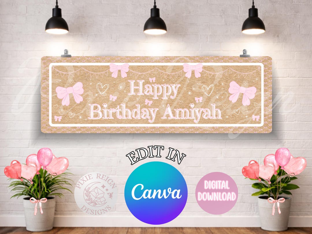Pink Bow Birthday Banner, Editable Coquette Party Backdrop (digital ...